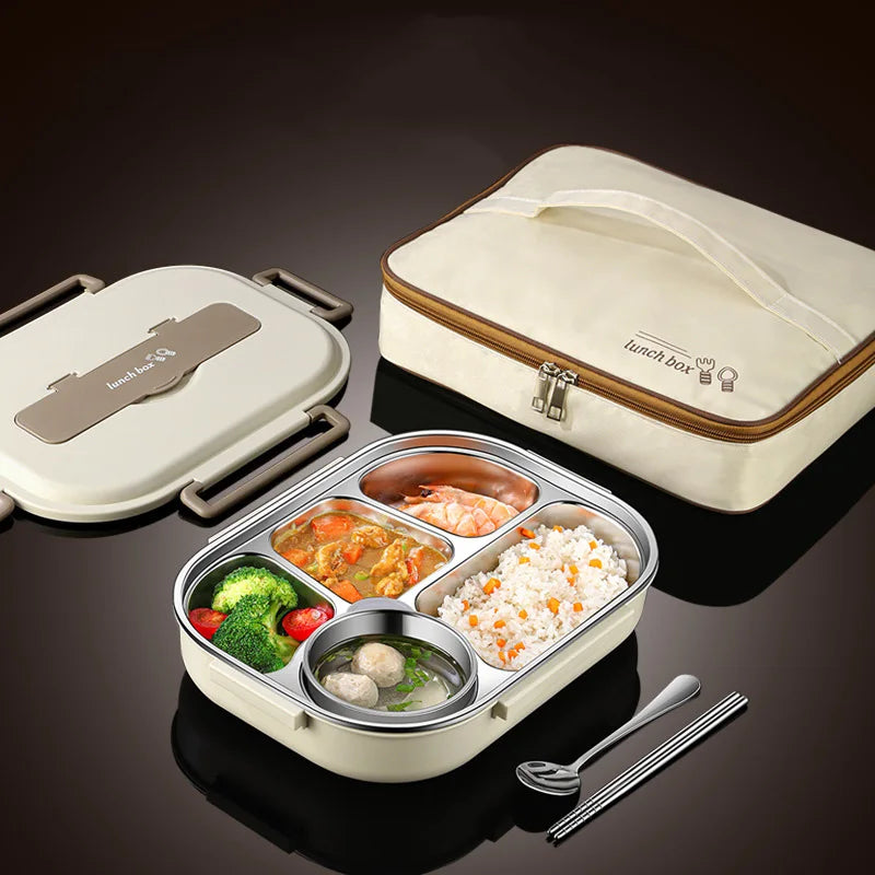 Afralia™ Stainless Steel Insulated Lunch Box with Compartments and Mic