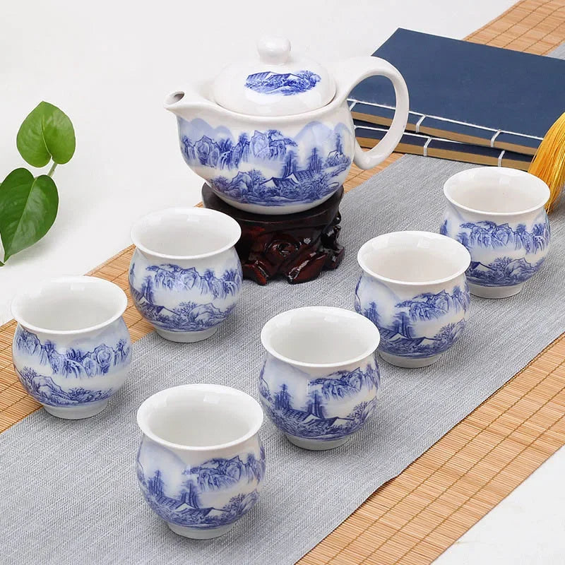 Afralia™ Double Ceramic Teaware Set: 1 Tea Pot + 6 Cups, Chinese Gongf